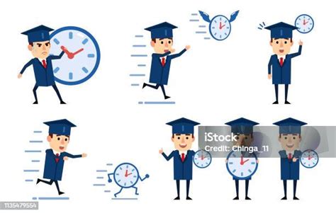 다양 한 상황에서 시계와 함께 포즈를 취한 대학원 학생 캐릭터 세트 시계를 들고 쾌활 한 학생 시간을 잡으려고 하 고 다른 작업을 표시 하려고 인물 사진에 대한 스톡 벡터