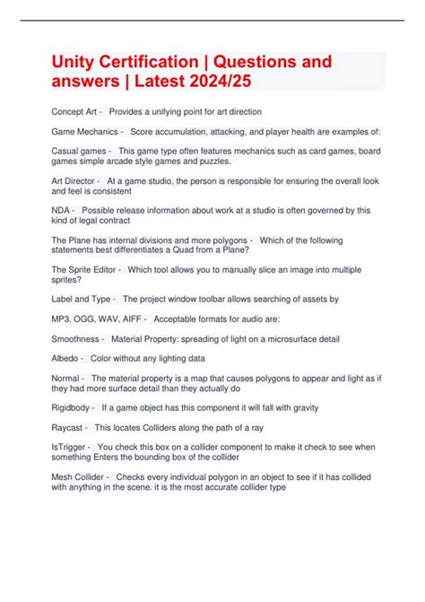 Unity Certification Questions And Answers Latest 202425 Unity Certification Stuvia Us