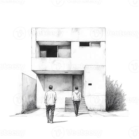 Two Individuals Approach A Modern Minimalist Building Showcasing Unique Architectural Design