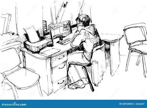 Sketch Of A Man In The Office Working On The Computer Stock Illustration Illustration Of
