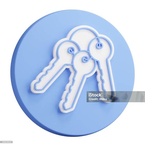 주거용 건물의 현관문 자물쇠에서 반지에 열쇠 묶음의 3d 버튼 렌더링 둥근 손잡이 키 흰색 뒷면에 격리된 사실적인 파란색 흰색