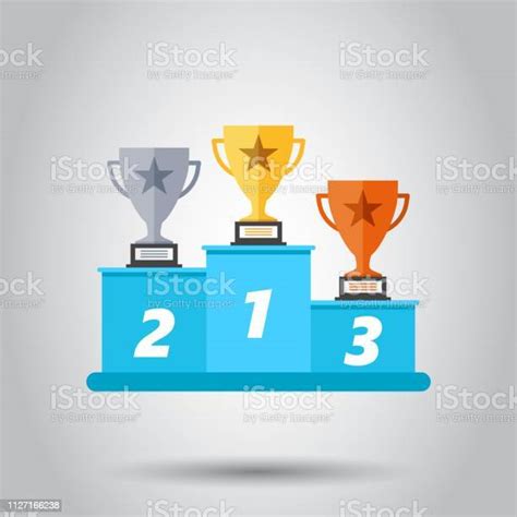 평면 스타일에 트로피 아이콘 수 상자 연단입니다 흰색 바탕에 받침대 그림입니다 골드 실버 및 브론즈 상을 기호 개념 메달