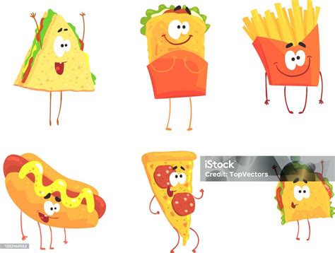 재미 패스트 푸드 컬렉션 샤와르마 샌드위치 감자 튀김 핫도그 피자 타코 만화 캐릭터 카페 또는 레스토랑 메뉴 디자인 요소 벡터 일러스트 핫도그에 대한 스톡 벡터 아트 및