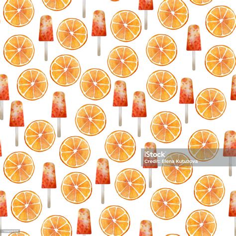 오렌지 슬라이스와 과일 아이스 팝 수채화 원활한 패턴 흰색 배경에 다채로운 수채화 그림입니다 벽지 스크랩북 섬유 랩용 디지털 용지 건강한 식생활에 대한 스톡 벡터 아트 및