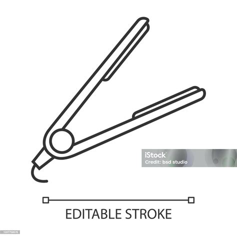헤어 스트레이트너 선형 아이콘입니다 헤어 아이언 가열하여 곱슬 머리를 일시적으로 곧게 합니다 미용사 도구 가는 선 그림입니다 등고선 기호입니다 벡터 절연 윤곽선 도면 편집