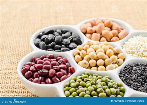 Collection Set Of Beans Legumes Peas Lentils On Ceramic Bowl Stock