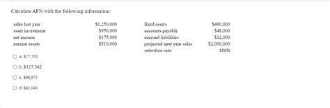 Solved Calculate Afn With The Following Information Sales