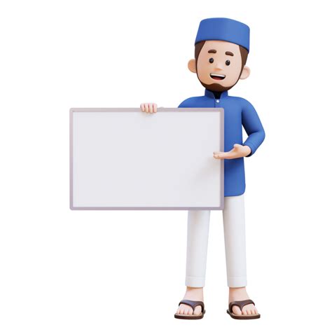 3d Characters Of Muslim Man Holding Blank Placard Perfect For Banner Web Dan Marketing Material