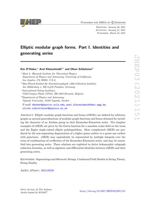 SOLUTION Elliptic Modular Graph Forms Part I Identities And Generating Series Studypool