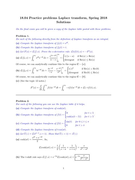 1804 Practice Problems Laplace Transform Spring 2018 Solutions Pdf