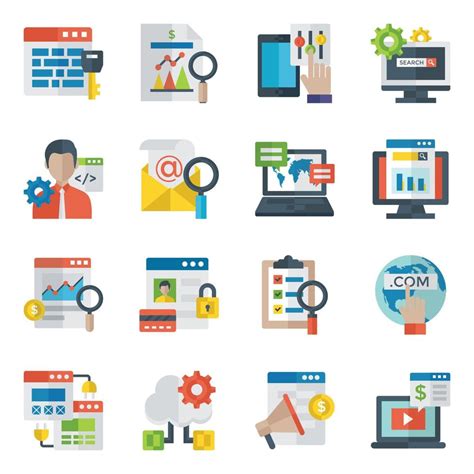Flat Icons Set Of Search Engine Optimization Vector Art At Vecteezy