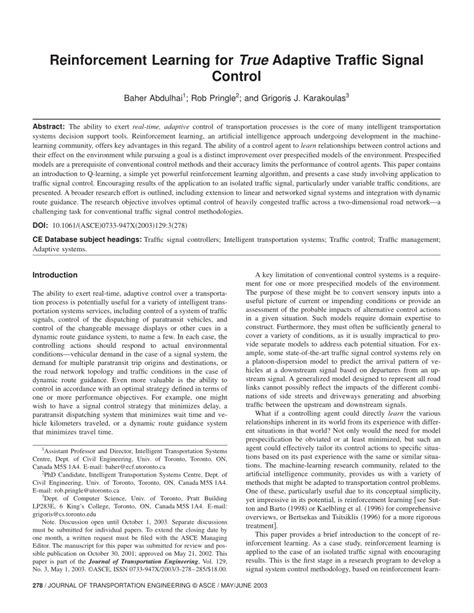 Pdf Reinforcement Learning For True Adaptive Traffic Signal Control