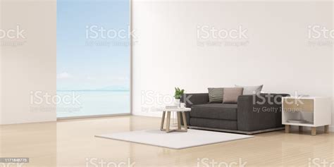회색 소파와 바다 전망 배경에 사이드 테이블과 현대적인 고급 거실의 관점 미니멀 3d 렌더링 0명에 대한 스톡 사진 및 기타 이미지 Istock