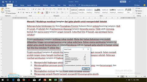 Fitur Word Count Di Ms Word 2016 Untuk Menghitung Jumlah Kata Suatu Paragraf Dalam Bacaan
