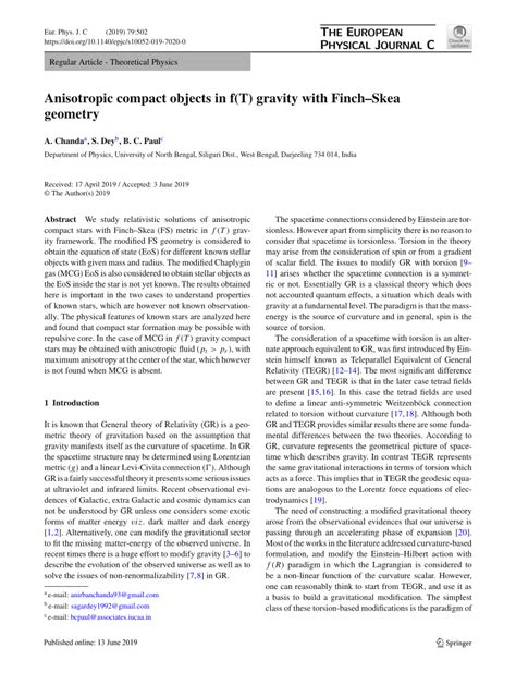 Pdf Anisotropic Compact Objects In F T Gravity With Finch Skea Geometry