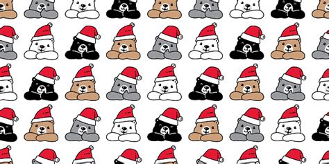 곰 원활한 패턴 크리스마스 극지 산타 클로스 모자 벡터 테디 엄지 손가락 만화 선물 포장 종이 반복 벽지 타일 배경 낙서 스카프