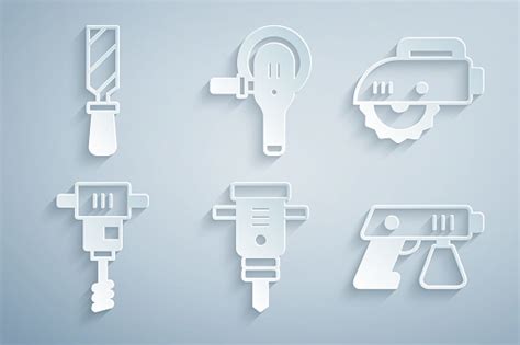 세트 건설 잭해머 전기 원형 톱 전기 손 콘크리트 믹서 페인트 스프레이 건 앵글 그라인더와 래스프 금속 파일 아이콘 벡터 3차원 형태에 대한 스톡 벡터 아트 및 기타 이미지