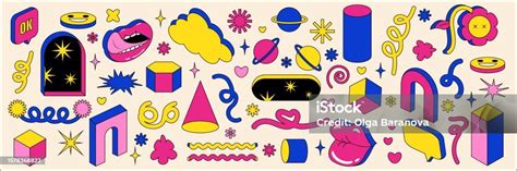 추상적인 초현실적 만화 스티커 세트 만화 꽃 입술 구름 기하학적 3d 모양 아치 창 현대 사이키델릭 스타일 벡터 그림입니다 꽃 식물에 대한 스톡 벡터 아트 및 기타 이미지