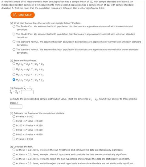 Solved Random Sample Of 49 Measurements From One Population