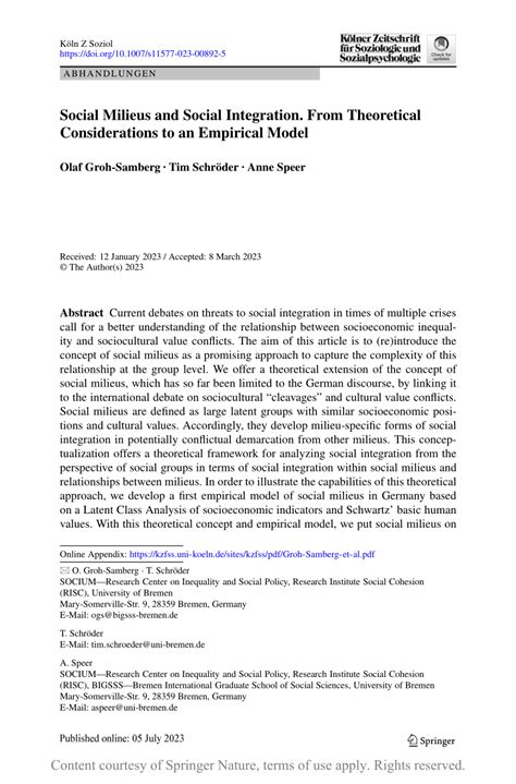 Pdf Social Milieus And Social Integration From Theoretical