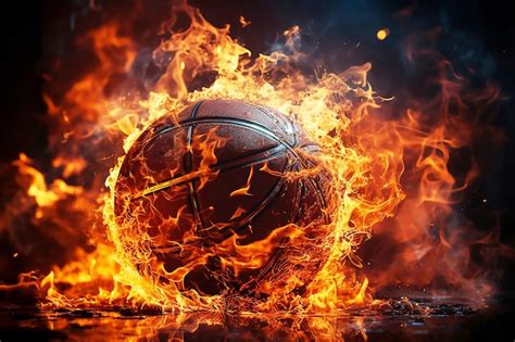 Premium Ai Image A Flaming Basketball Goes Through The Court Net On A Black Background