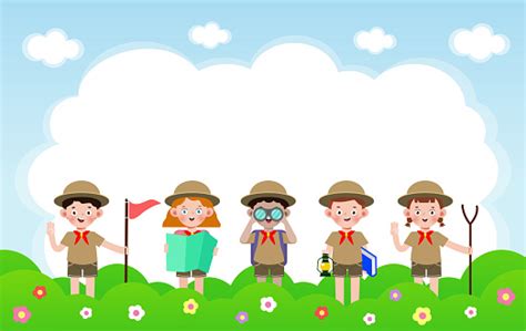 여름 캠프 아이들은 광고 브로셔 포스터에 대한 스카우트 명예 유니폼 배너 템플릿 배경 교육을 착용 캠핑 활동을하는 행복한 아이들 전단지 텍스트 플랫 벡터 일러스트 레이 션