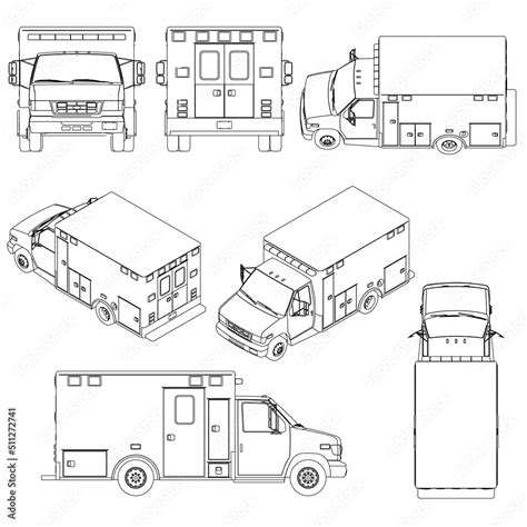 Set With Contours Of An Ambulance From Black Lines Isolated On A White Background Side View
