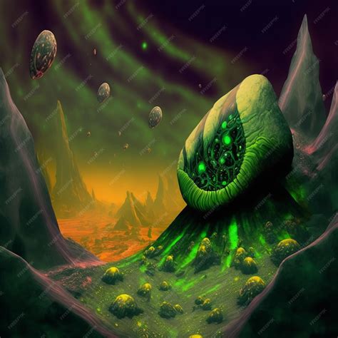 Premium Ai Image Green Alien Planet Landscape Psychedelic Concept Art