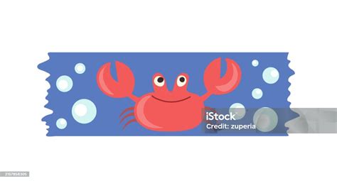 푸른 바다 배경 벡터 일러스트 레이 션에 귀여운 유치 한 게와 장식 와시 테이프 스트립 Washi Paper에 대한 스톡 벡터 아트 및 기타 이미지 Washi Paper