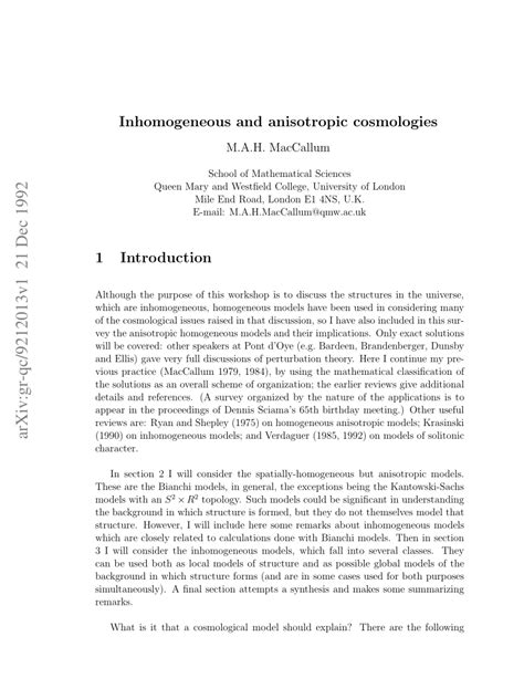 Pdf Inhomogeneous And Anisotropic Cosmologies