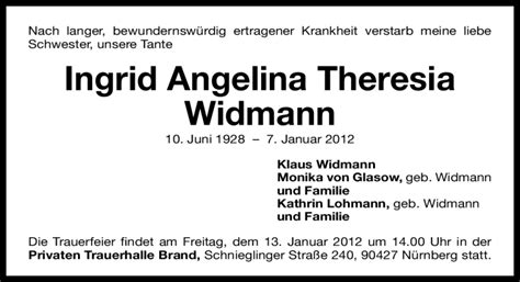 Traueranzeigen Von Ingrid Angelina Theresia Widmann Trauernnde