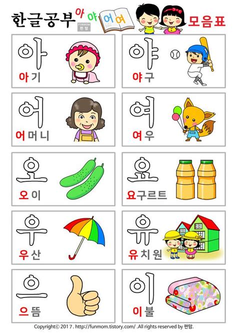 한글 모음순서 아야어여 모음표 초등 교육 활동 교수법 학습 활동