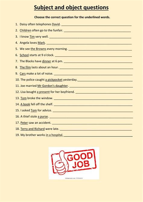 Subject And Object Questions Worksheet For Pre Intermediate