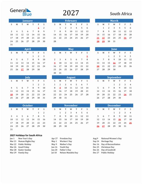 2027 Printable Calendar With South Africa Holidays