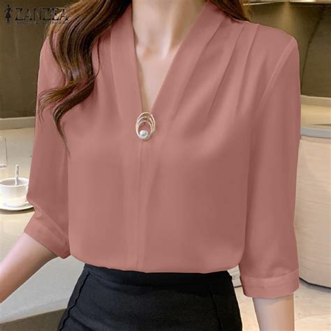 Купити Zanzea Жінки Літній V подібний виріз Шестичверть рукава Однотонна повсякденна блузка Joom