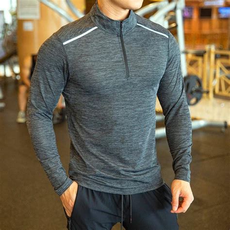 Long Sleeve Gym Fitness Mens Zipper Stand Collar T Shirt Mens