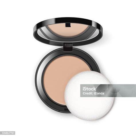 흰색 배경에 고립 된 거울과 어플리케이터 상단 보기와 블랙 라운드 플라스틱 케이스벡터 얼굴 화장품 메이크업 분말 메이크업 화장품에 대한 스톡 벡터 아트 및 기타 이미지