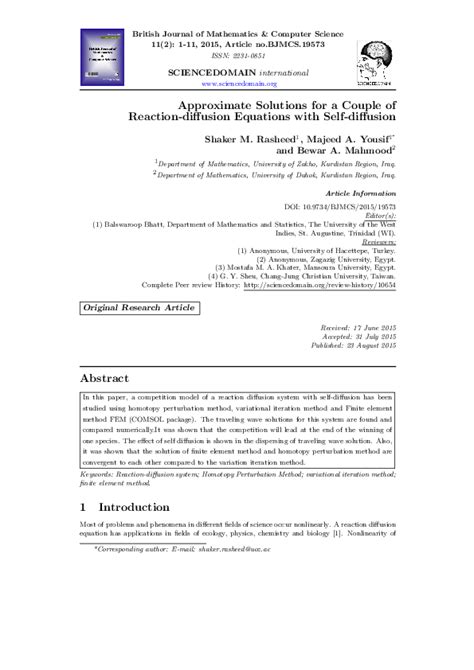 Pdf Approximate Solutions For A Couple Of Reaction Diffusion Equations With Self Diffusion