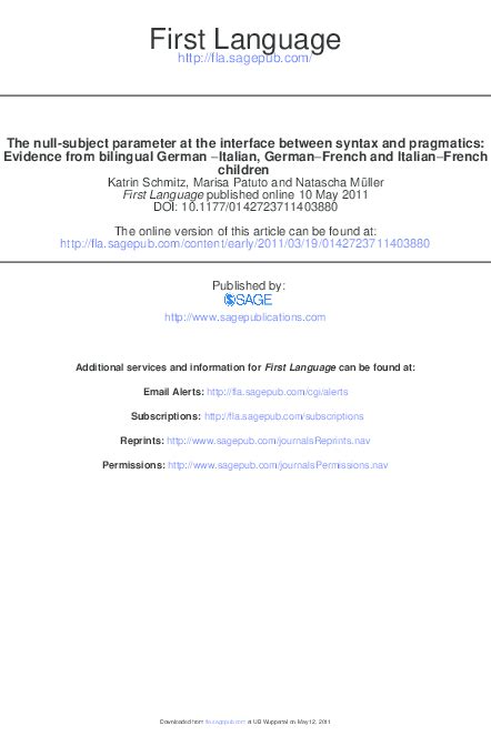 the null subject parameter at the interface syntax pragmatics 2l1