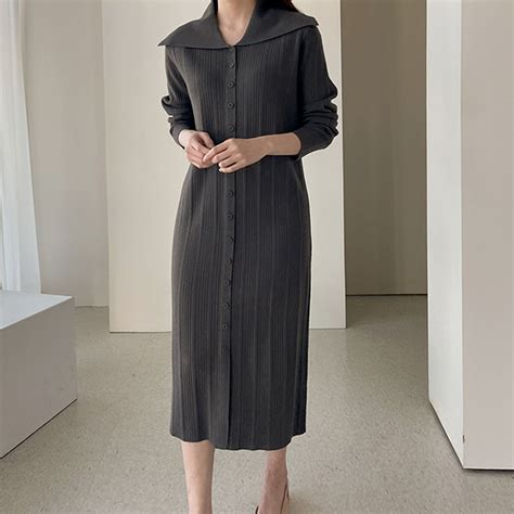 포스티 어반프랑 포르 세라 카라 단추 골지 니트 롱원피스