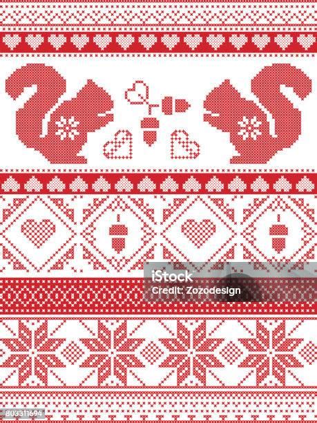 스칸디나비아와 노르웨이 크리스마스 문화 축제 겨울 크로스 다람쥐 도토리 사랑 마음 눈송이 스퀘어 스티치 패턴에서 빨간색과 흰색