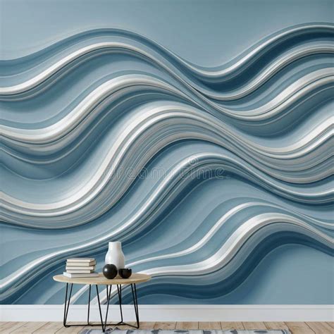 Abstract Wall Art Featuring Fluid Undulating Wave Patterns In Shades Of Blue And White Stock