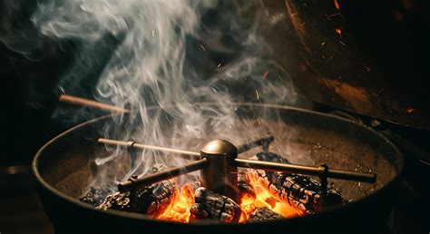 Burning Embers With Smoke Rising Inside Cooking Vessel For Heat And