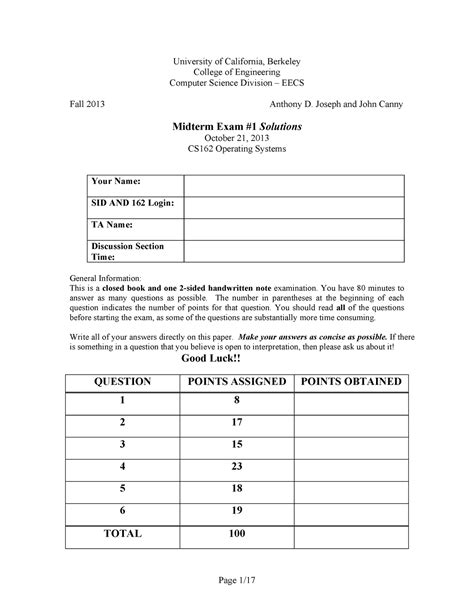 Operating System Midterm Exam Paper University Of California Berkeley College Of Engineering