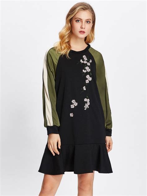 Shein Cut And Sew Raglan Sleeve Embroidered Ruffle Dress Ruffled