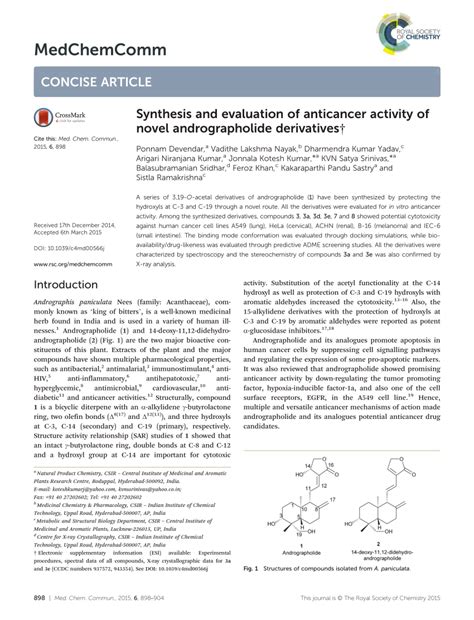 Pdf Synthesis And Evaluation Of Anticancer Activity Of Novel Andrographolide Derivatives