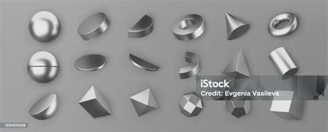 회색 배경에 격리된 3d 렌더링 실버 기하학적 모양 오브젝트 금속 광택 크롬 사실원시 구체 피라미드 그림자토러스 트렌디 한 디자인을위한 추상 장식 벡터 12면체에 대한 스톡