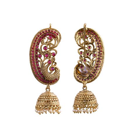 Traditional Gold Earcuff Jhumka Red Earrings