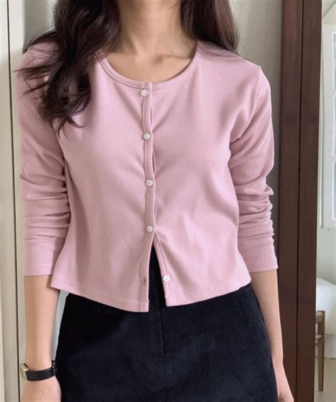 U넥 가디건 골지 크롭 버튼 핑크 기본 슬림 봄 에이블리