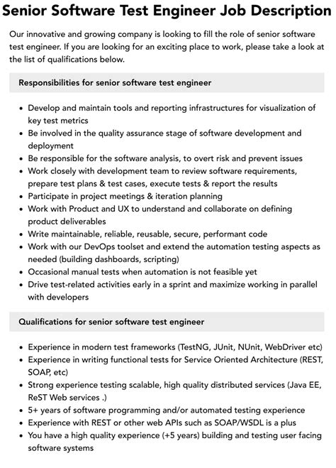 Senior Software Test Engineer Job Description Velvet Jobs